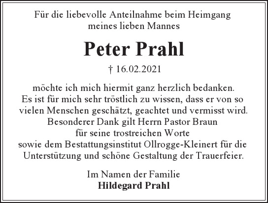 Traueranzeigen von Peter Prahl | HamburgerTRAUER.de