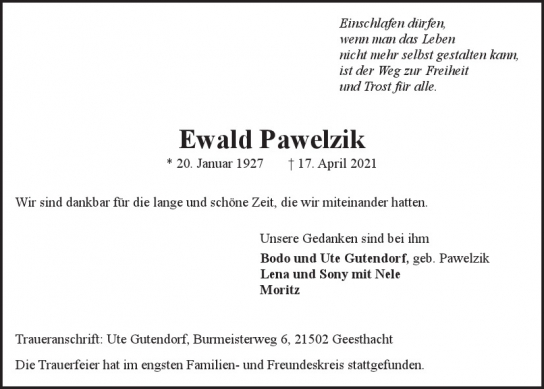 Traueranzeigen von Ewald Pawelzik | HamburgerTRAUER.de