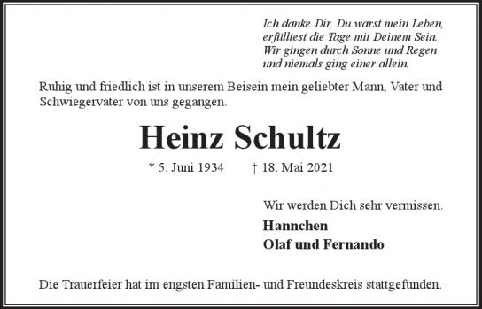 Traueranzeigen von Heinz Schultz | HamburgerTRAUER.de