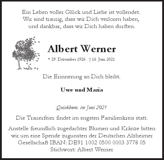 Traueranzeigen von Albert Werner | HamburgerTRAUER.de