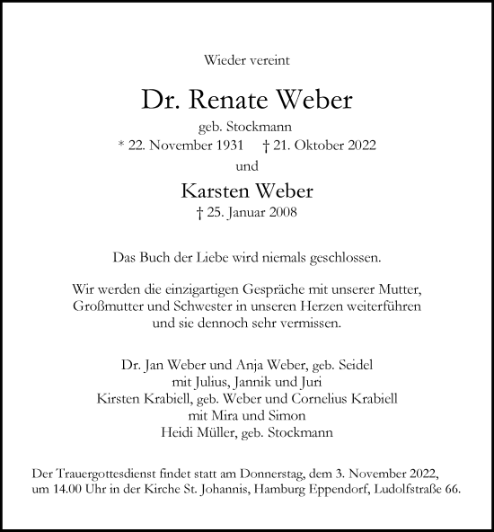 Traueranzeigen von Renate Weber | HamburgerTRAUER.de