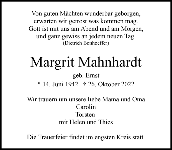 Traueranzeigen von Margrit Mahnhardt | HamburgerTRAUER.de