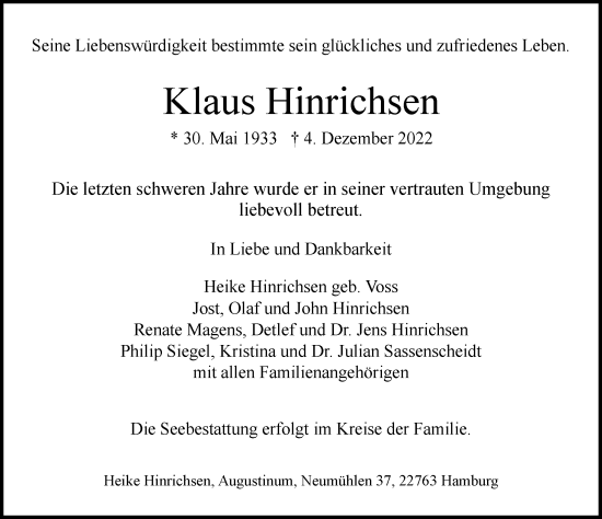 Traueranzeigen von Klaus Hinrichsen | HamburgerTRAUER.de