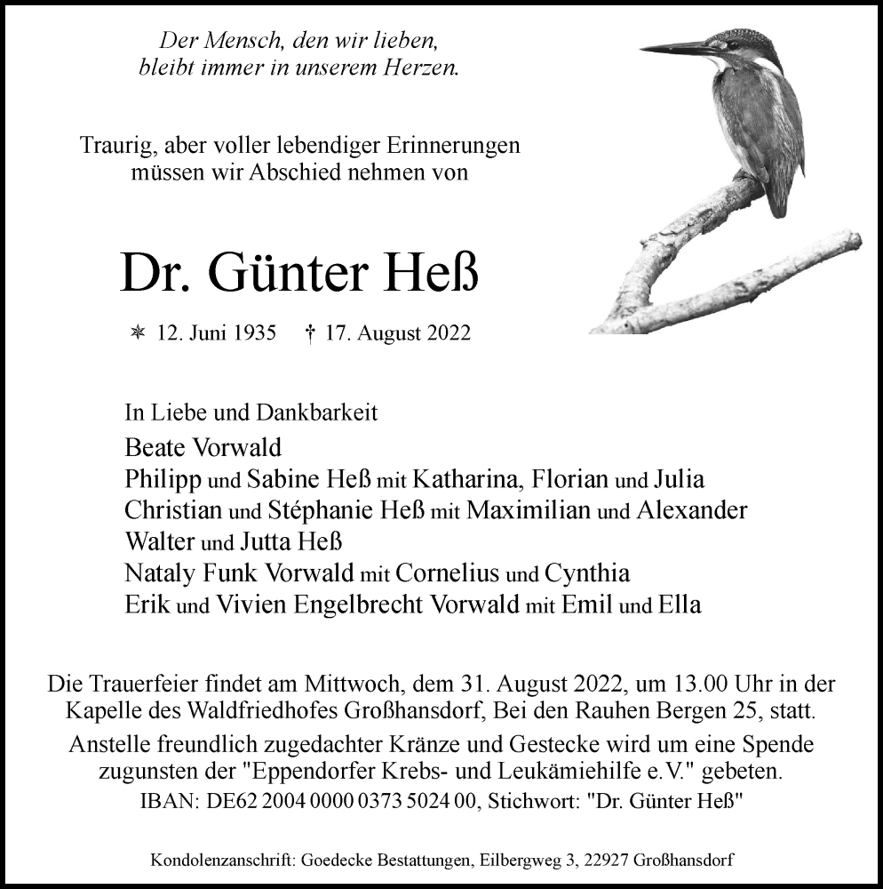 Traueranzeigen von Günter Heß | HamburgerTRAUER.de