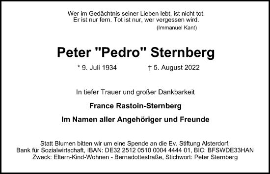 Traueranzeigen von Peter Sternberg | HamburgerTRAUER.de