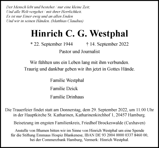 Traueranzeigen von Hinrich C. G. Westphal | HamburgerTRAUER.de