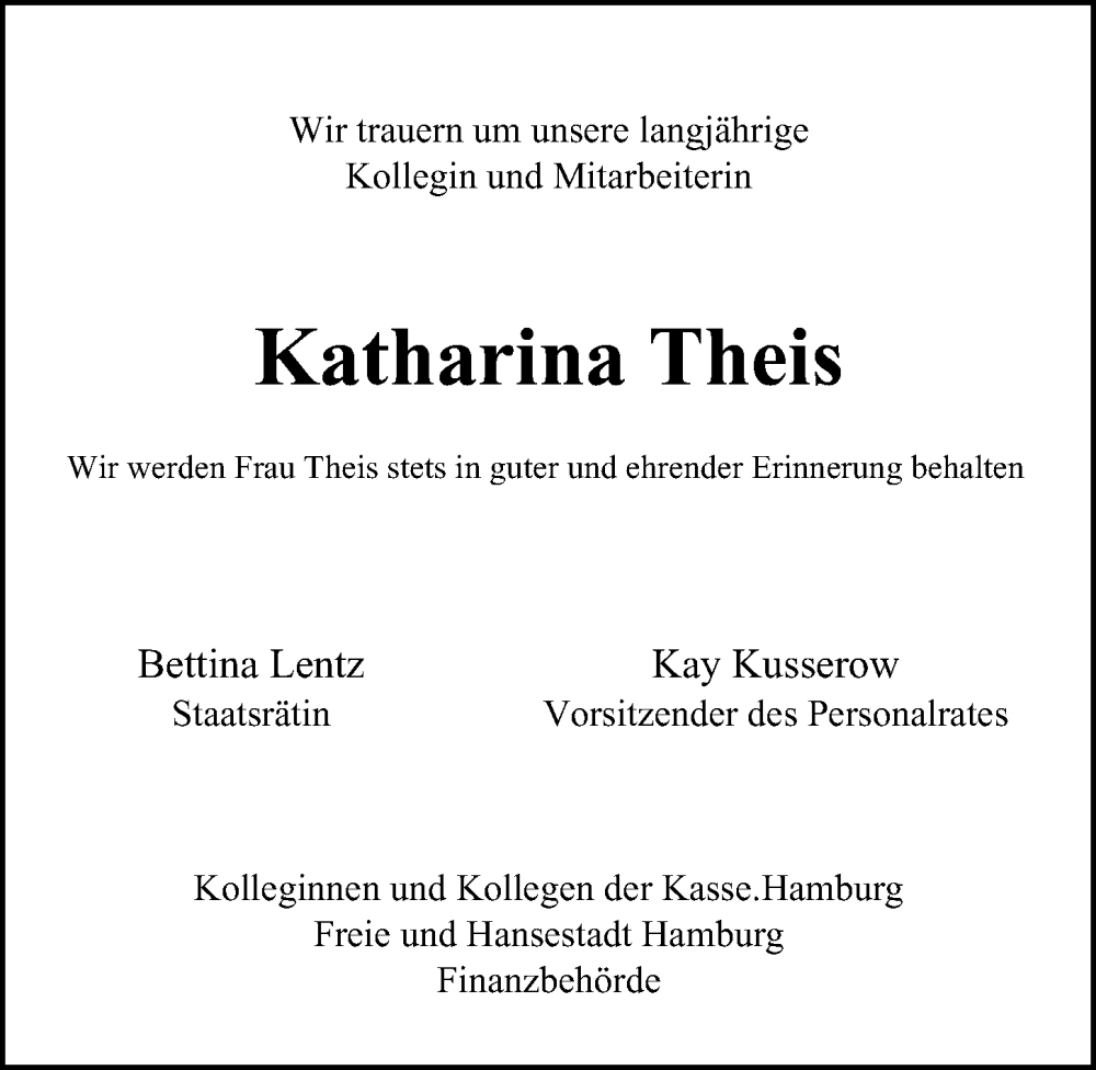 Traueranzeigen von Katharina Theis | HamburgerTRAUER.de