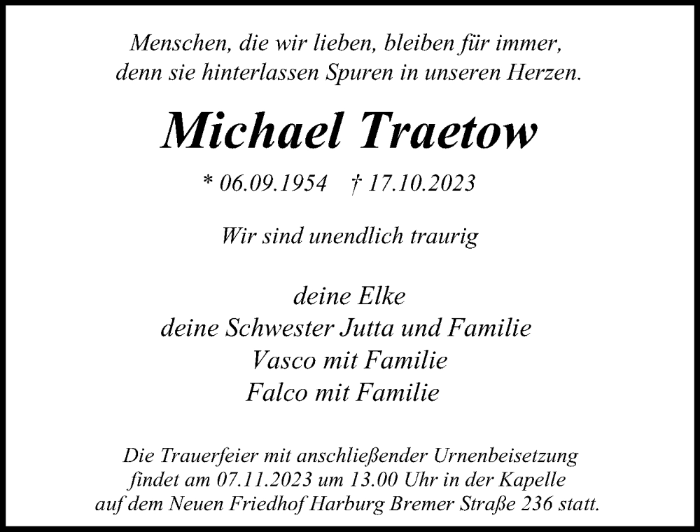 Traueranzeigen von Michael Traetow | HamburgerTRAUER.de