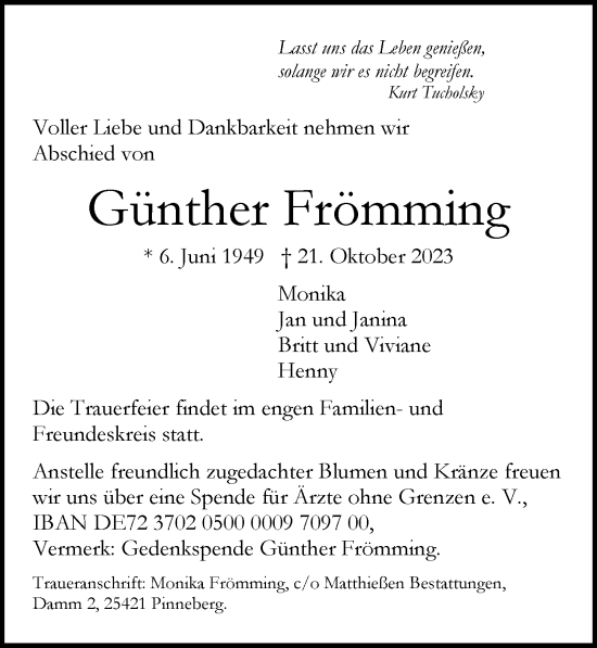 Traueranzeigen von Günther Frömming | HamburgerTRAUER.de