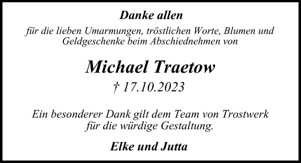 Traueranzeigen von Michael Traetow | HamburgerTRAUER.de