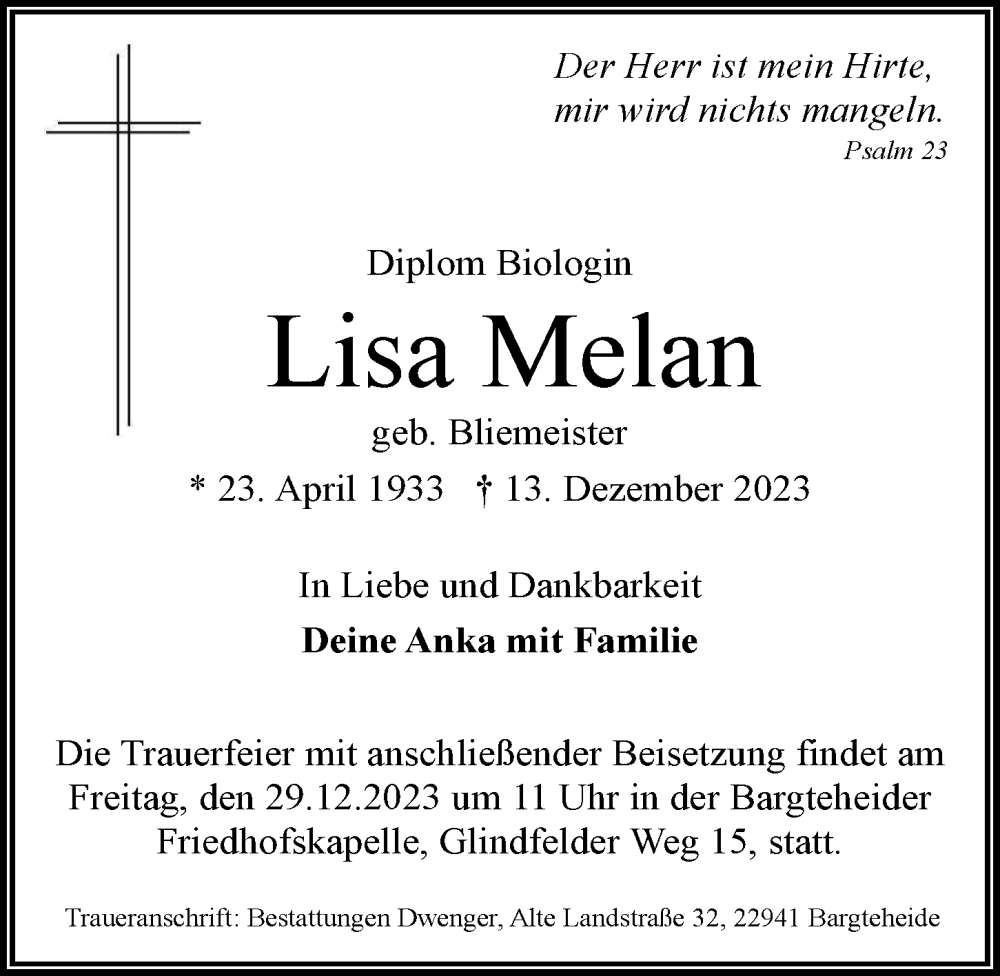Traueranzeigen von Lisa Melan | HamburgerTRAUER.de