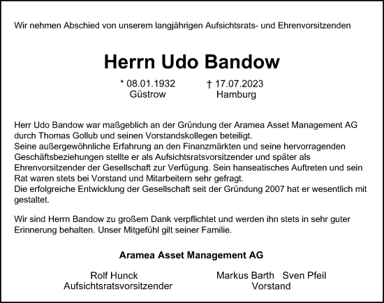 Traueranzeigen von Udo Bandow | HamburgerTRAUER.de