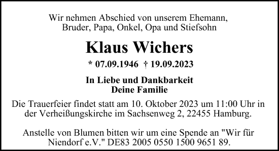 Traueranzeigen von Klaus Wichers | HamburgerTRAUER.de