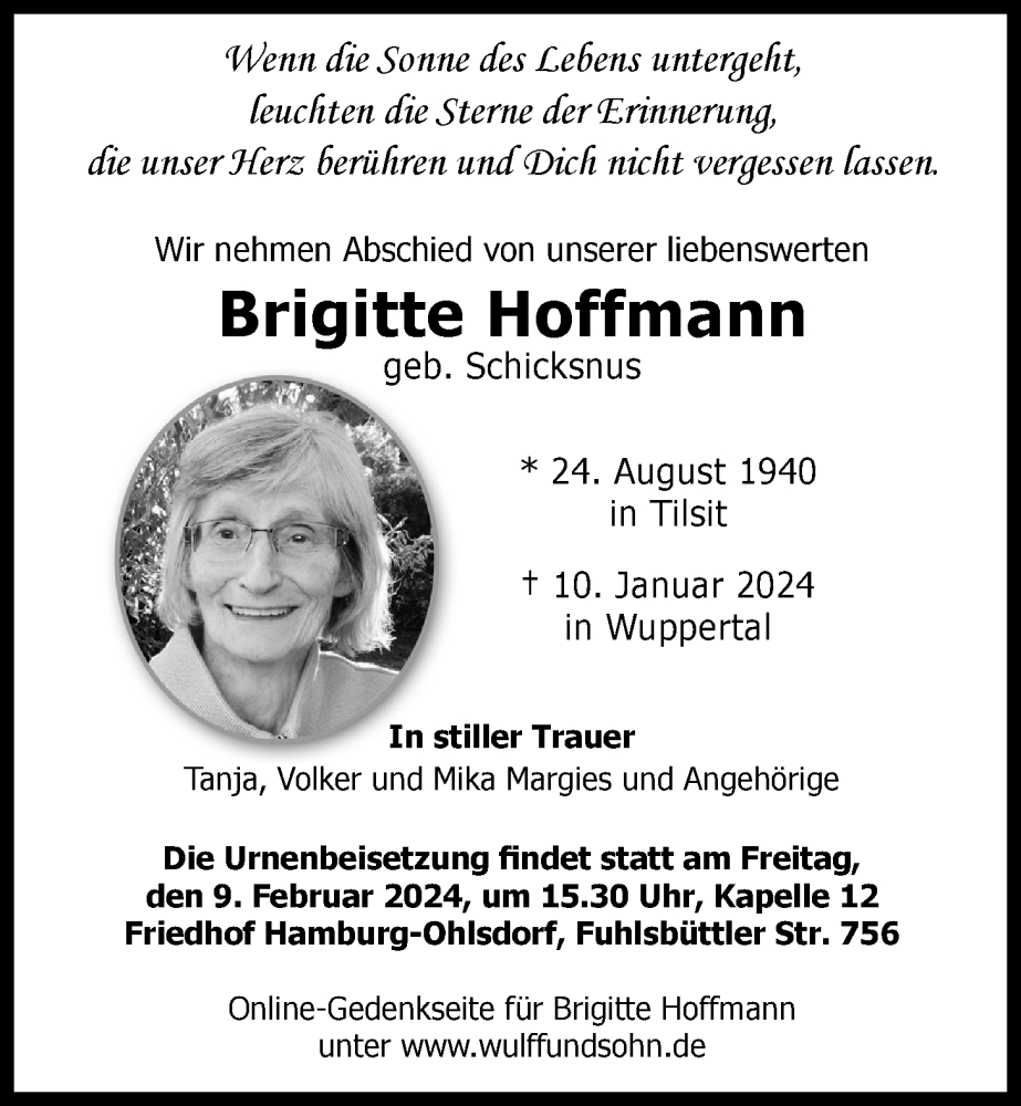 Traueranzeigen von Brigitte Hoffmann | HamburgerTRAUER.de