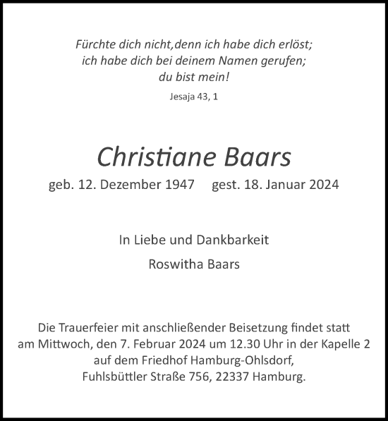 Traueranzeigen von Christiane Baars | HamburgerTRAUER.de