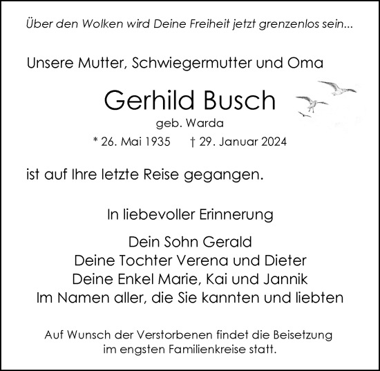 Traueranzeigen von Gerhild Busch | HamburgerTRAUER.de