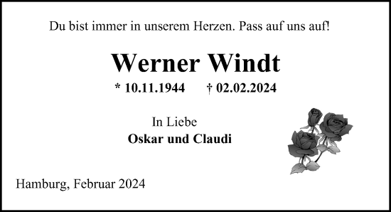Traueranzeigen von Werner Windt | HamburgerTRAUER.de