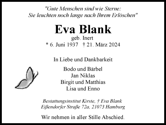 Traueranzeigen von Eva Blank | HamburgerTRAUER.de