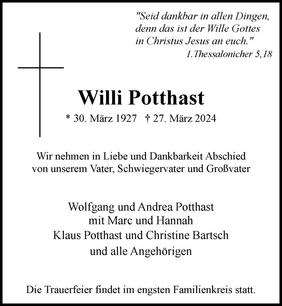 Traueranzeigen von Willi Potthast | HamburgerTRAUER.de