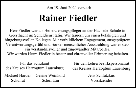 Traueranzeigen von Rainer Fiedler | HamburgerTRAUER.de
