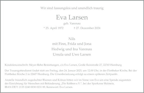 Traueranzeigen von Eva Larsen | HamburgerTRAUER.de