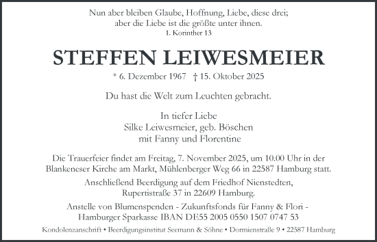 Traueranzeigen von Steffen Leiwesmeier | HamburgerTRAUER.de