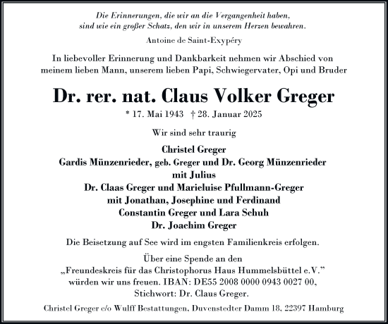 Traueranzeigen von Claus Volker Greger | HamburgerTRAUER.de