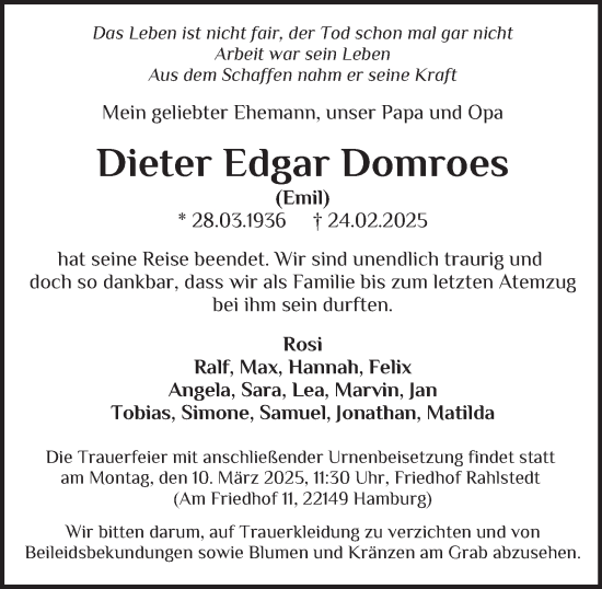 Traueranzeigen von Dieter Edgar Domroes | HamburgerTRAUER.de