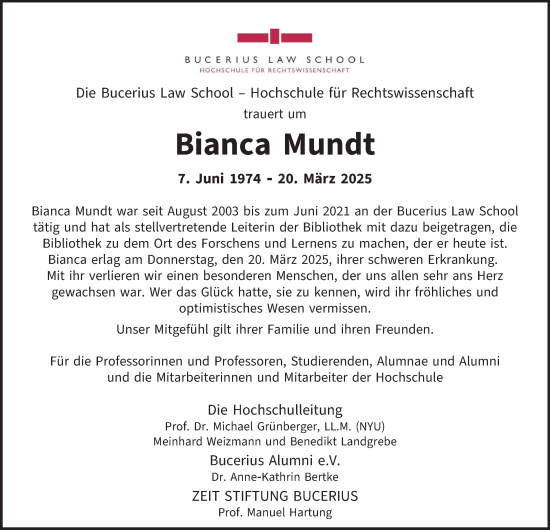 Traueranzeigen von Bianca Mundt | HamburgerTRAUER.de