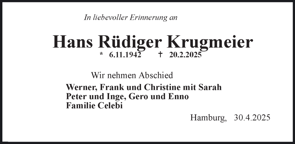 Traueranzeigen von Hans Rüdiger Krugmeier | HamburgerTRAUER.de