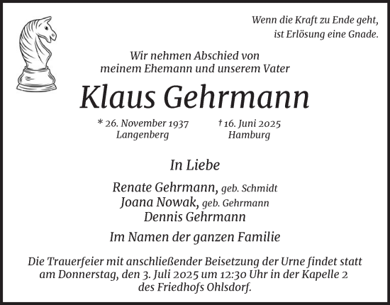 Traueranzeigen von Klaus Gehrmann | HamburgerTRAUER.de