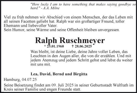 Traueranzeigen von Ralph Ruschmeyer | HamburgerTRAUER.de